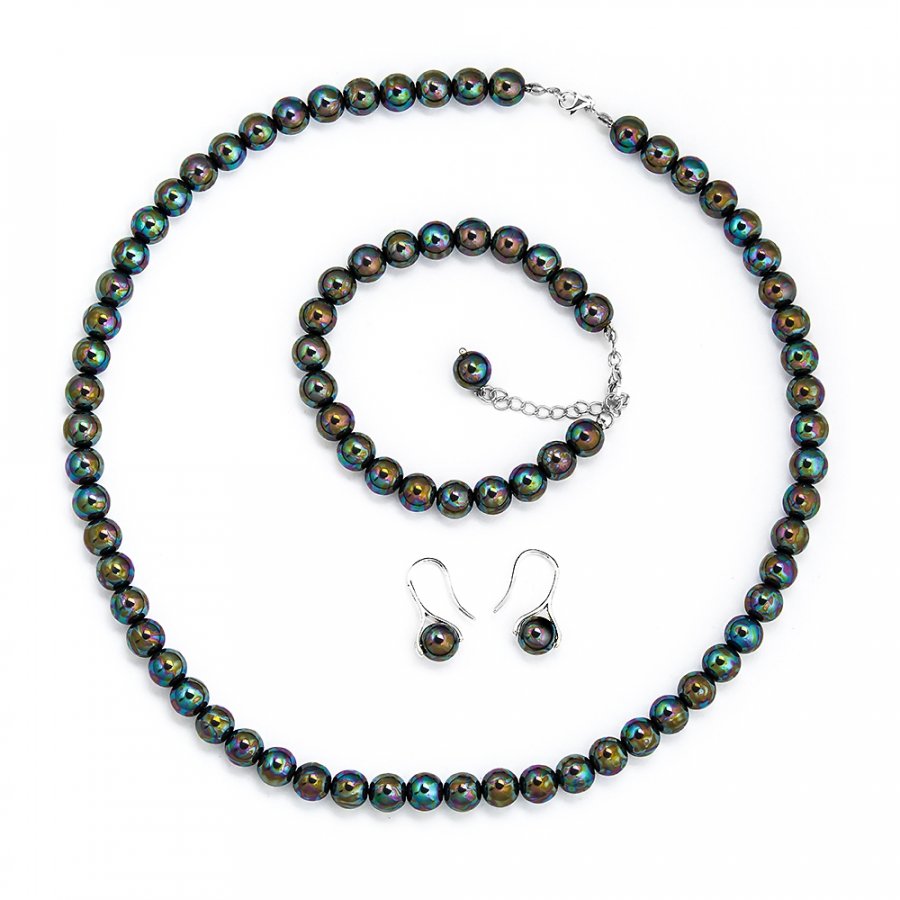 Komplet Srebrny Czarne Perły 925 Grawer | MURRANO