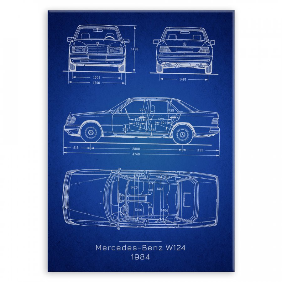 Plakat metalowy Mercedes-Benz W124 Projekt Blueprint L | MURRANO