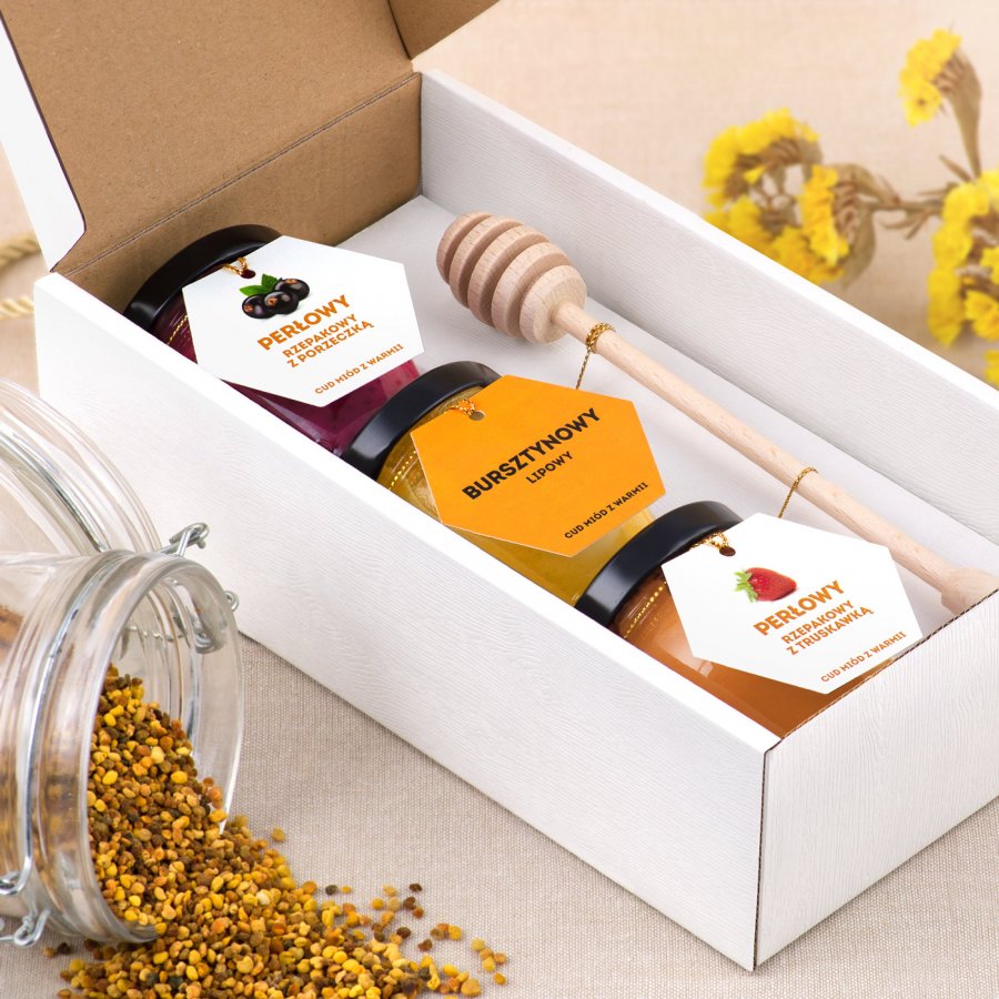 Miód zestaw miodów z nabierakiem w pudełku z nadrukiem dla ...